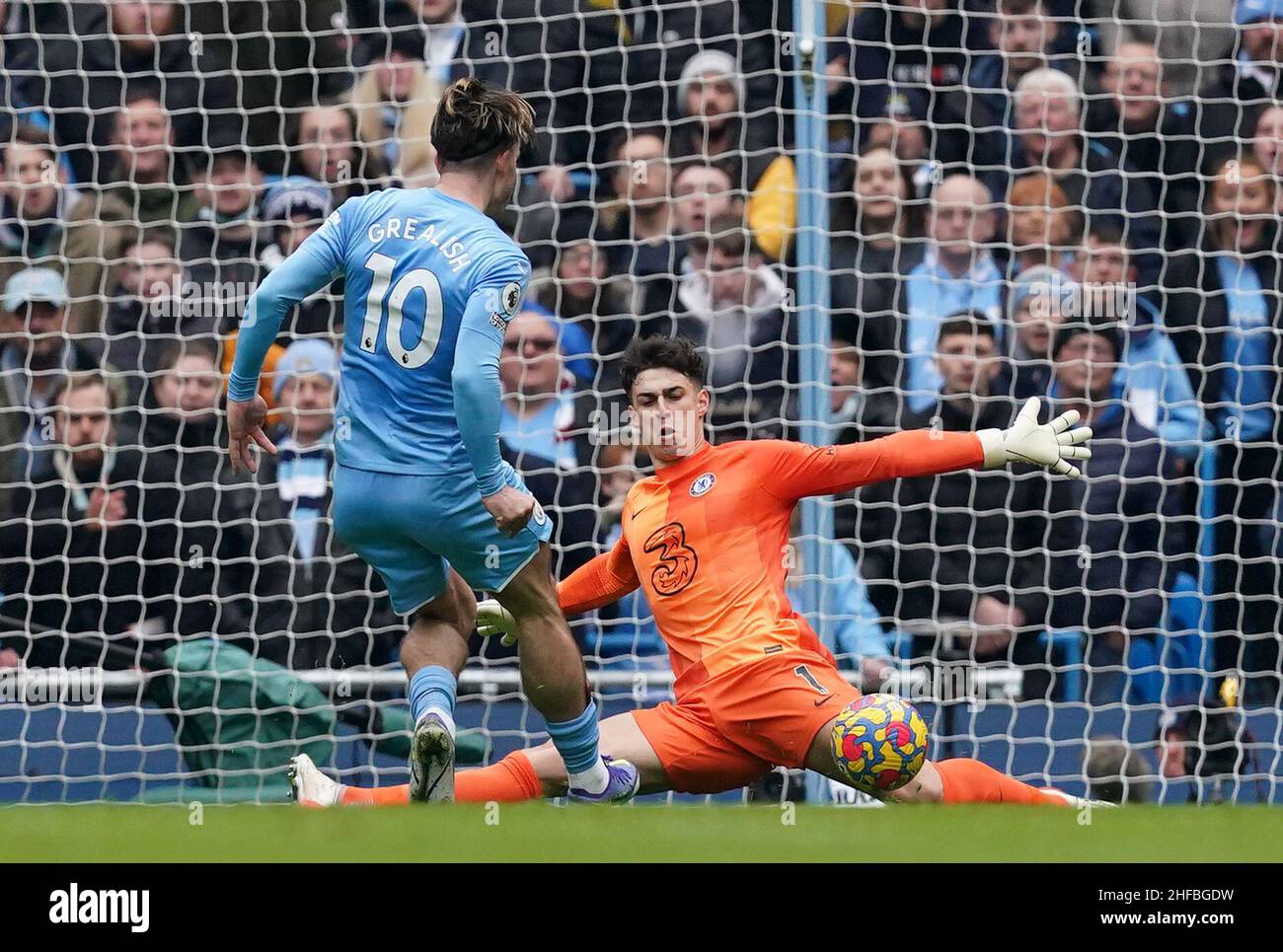 Chelsea goalkeeper Kepa Arrizabalaga makes a save from Manchester City ...