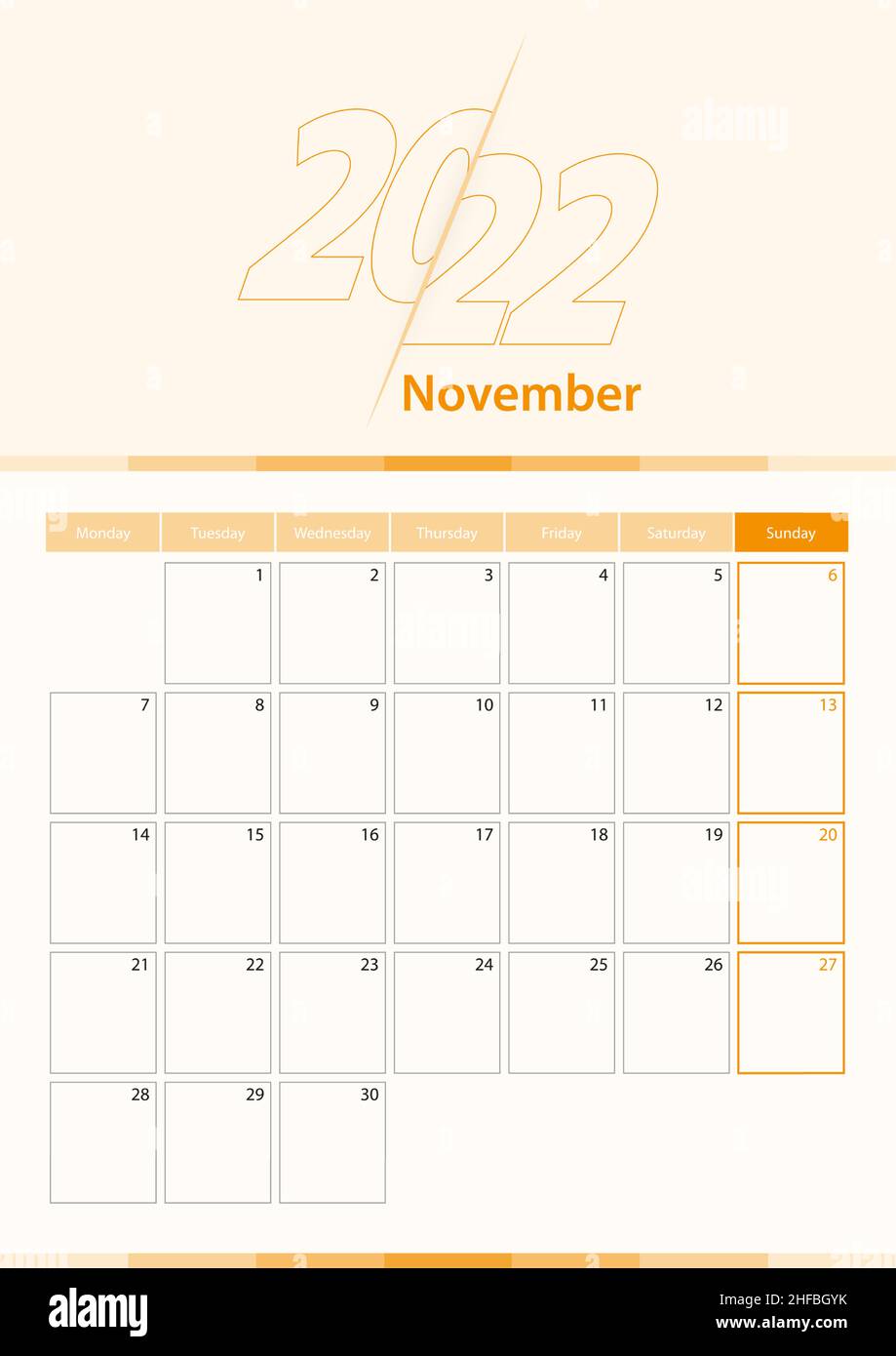 Modern vector vertical calendar sheet for November 2022, planner in ...