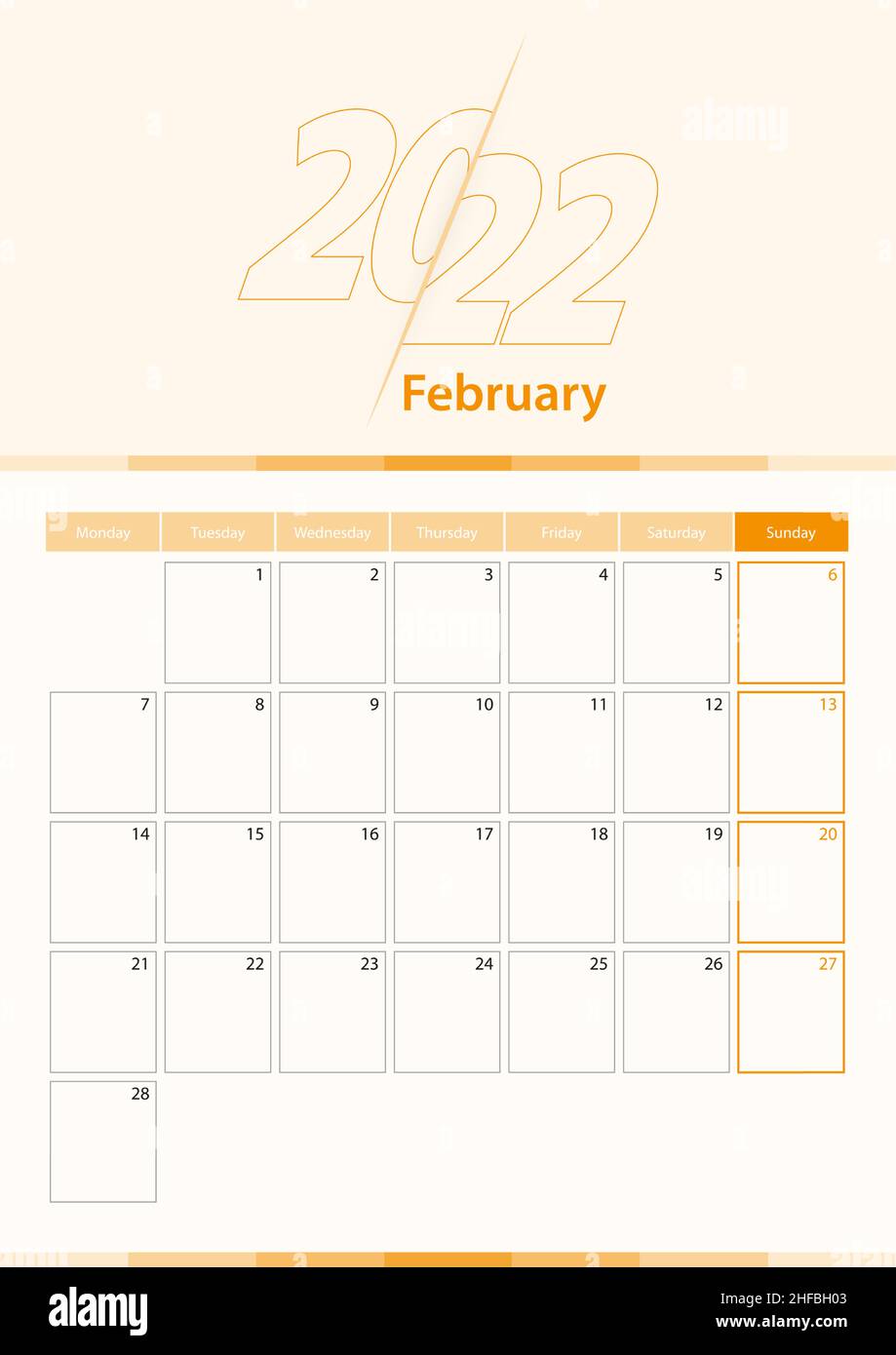 Modern vector vertical calendar sheet for February 2022, planner in ...