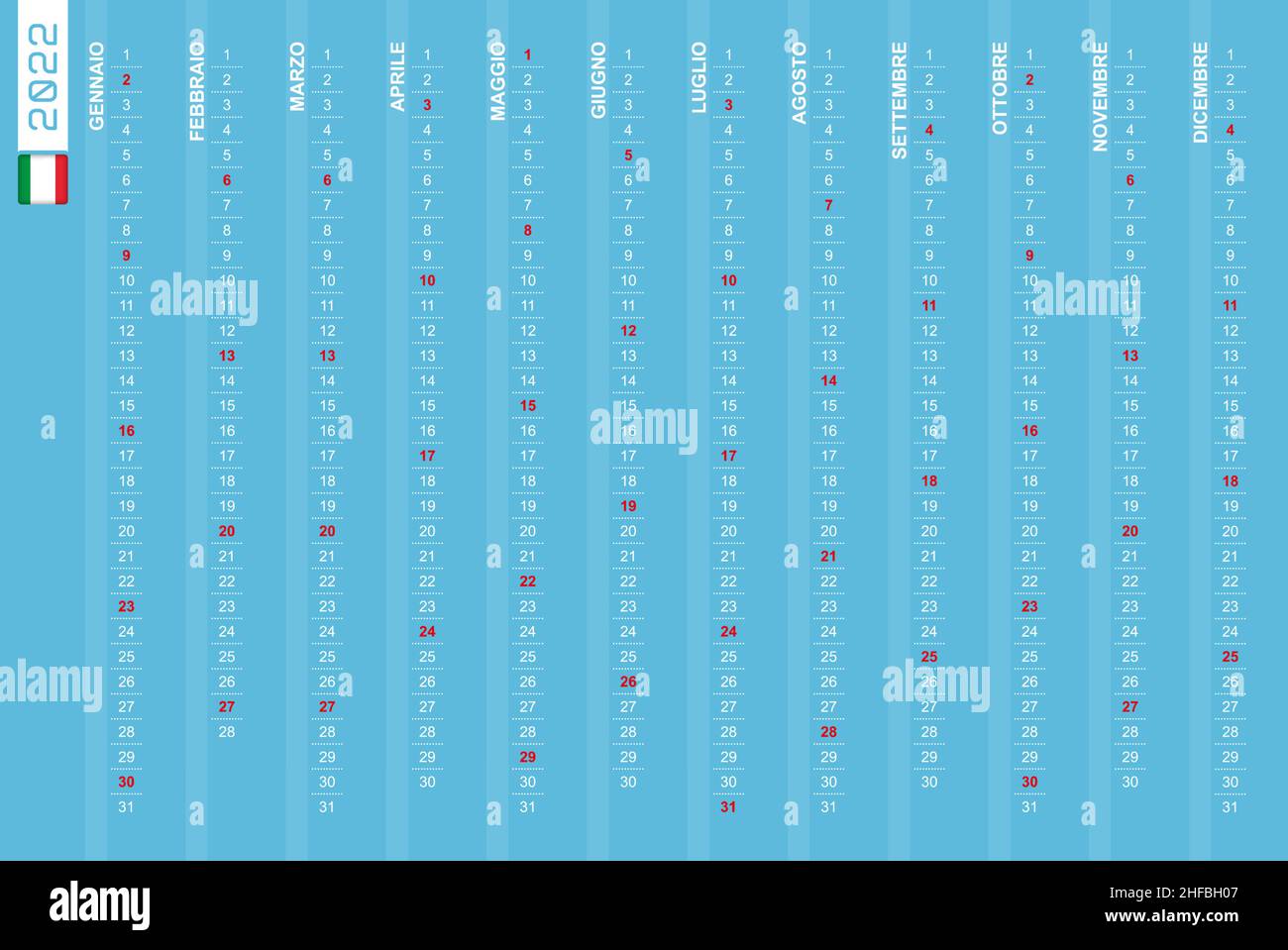 One-row vertical calendar for the year 2022 in Italian. Italian ...