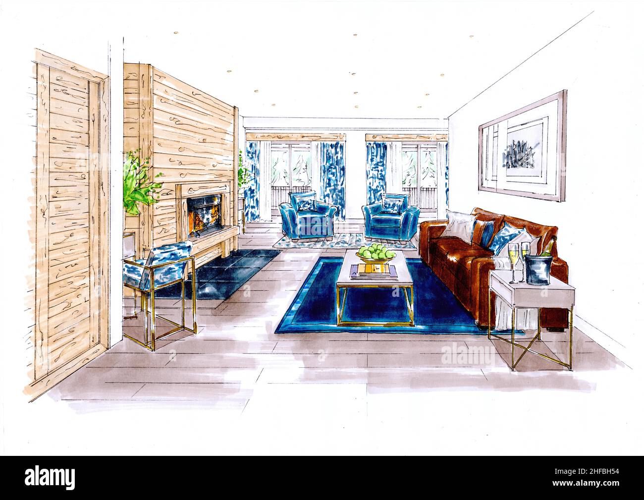 Sketch for a hotel room furnished in a modern style Stock Photo - Alamy