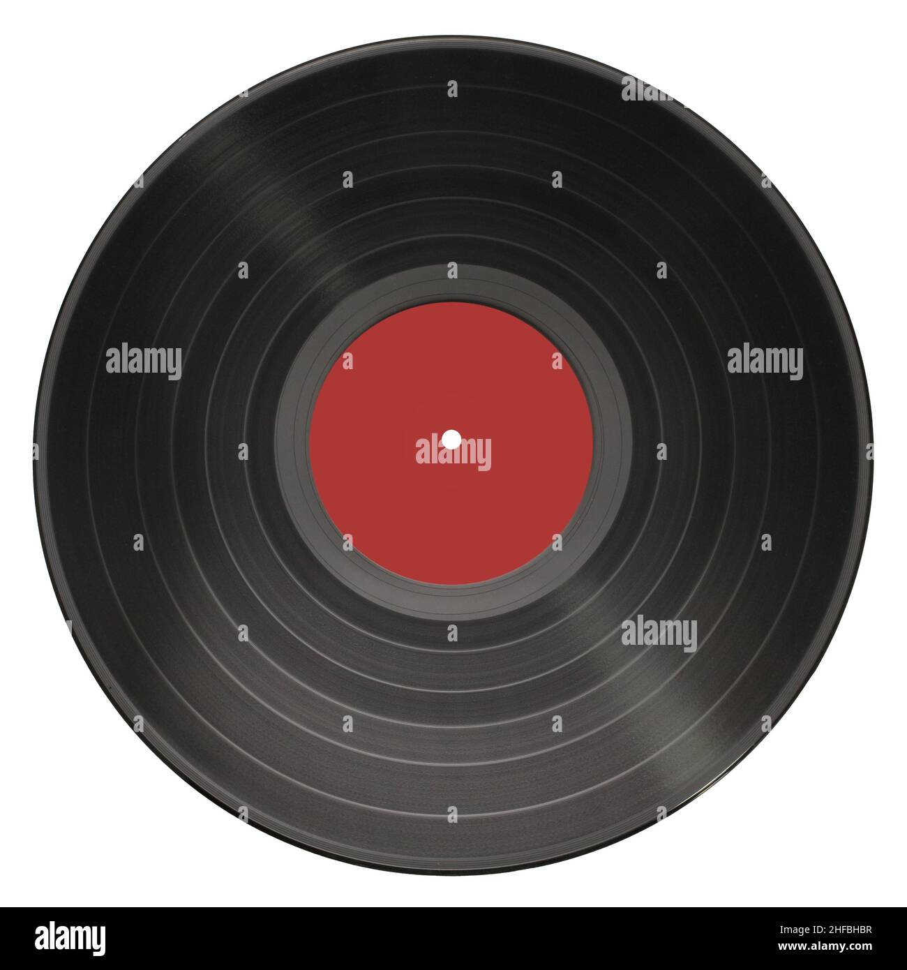 Black vinyl record with label isolated on white background. Top view ...