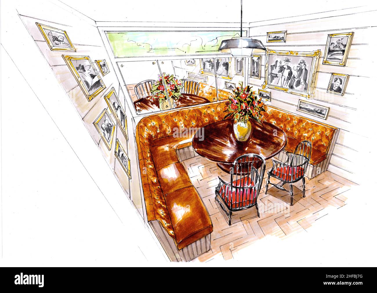 Sketch of kitchen/dining area furnished in a contemporary style Stock ...