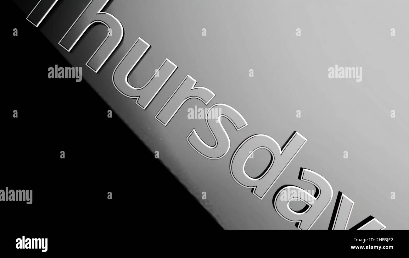 Day of the week thursday from capital letters of grey color, 3D. Word ...