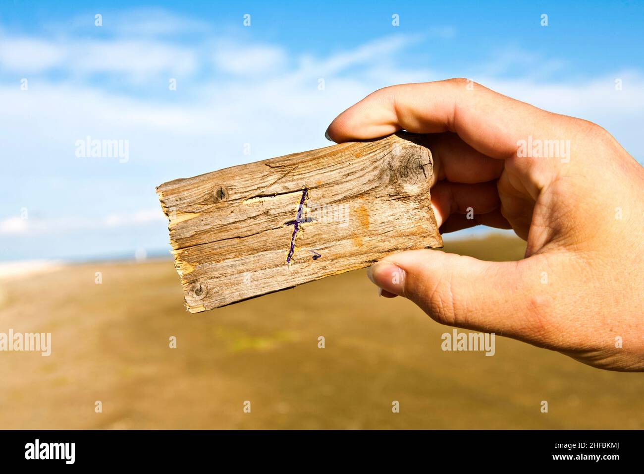 peace of wood with an engraved number with blue sky Stock Photo - Alamy