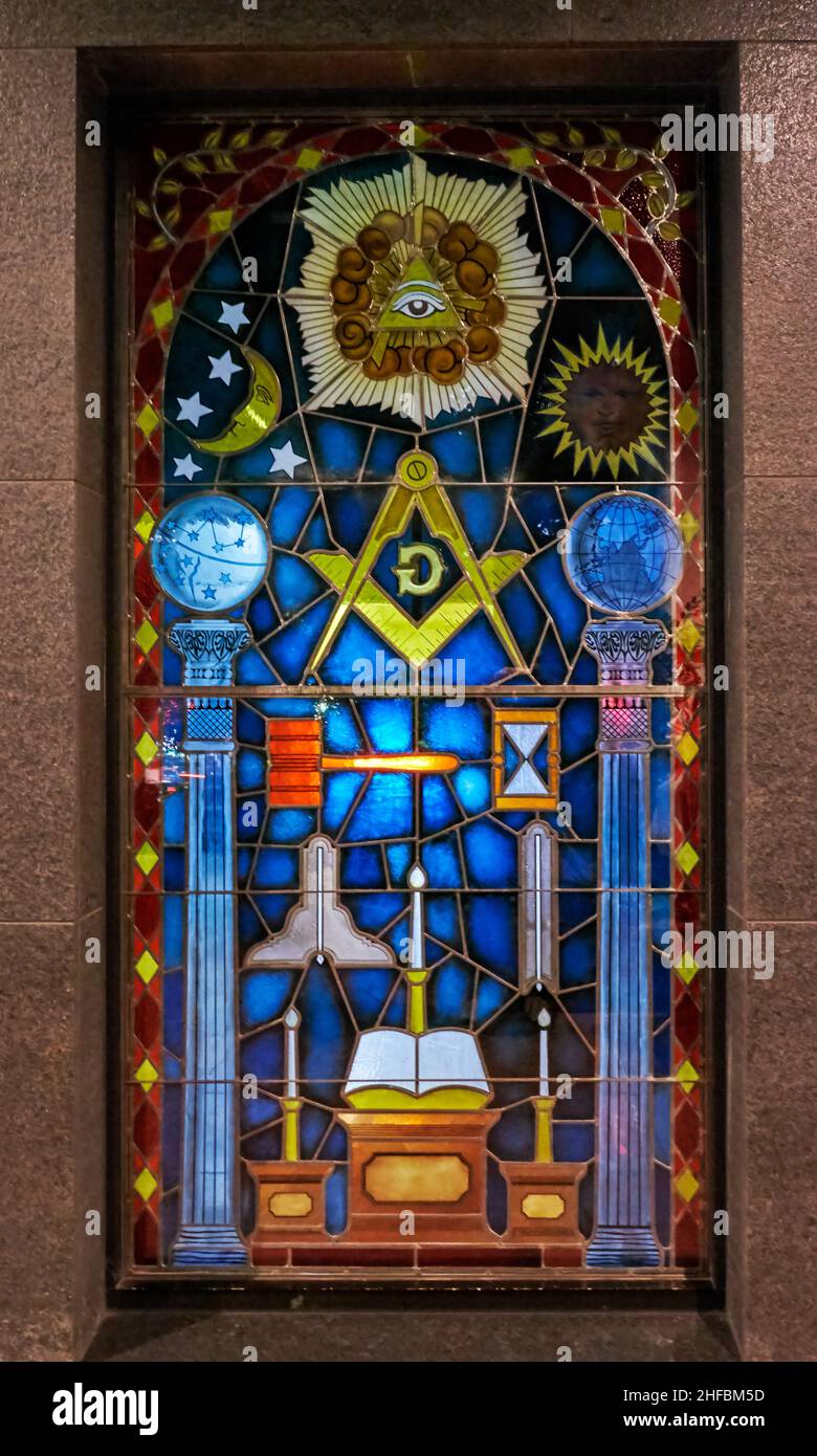 Tokyo, Japan - October 23, 2019: The view of stained glass window with ...