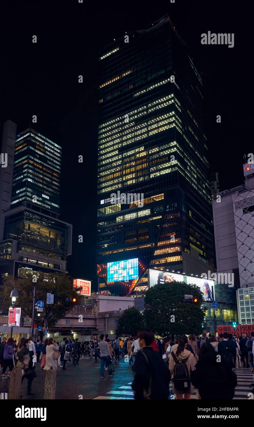 Tokyo, Japan - October 25, 2019: The night view of one of the busiest ...