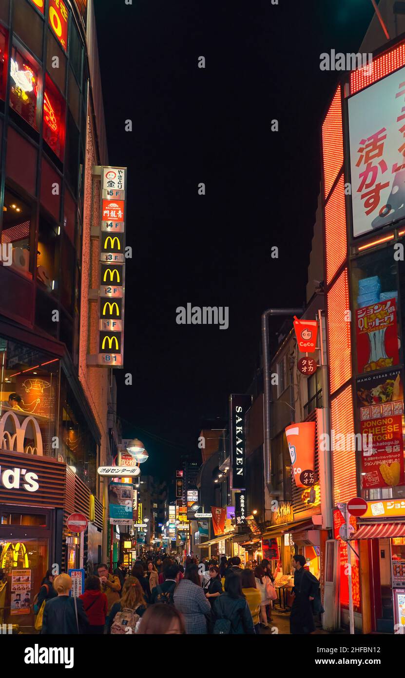 Tokyo, Japan - October 25, 2019: The busy nightlife in the street of ...