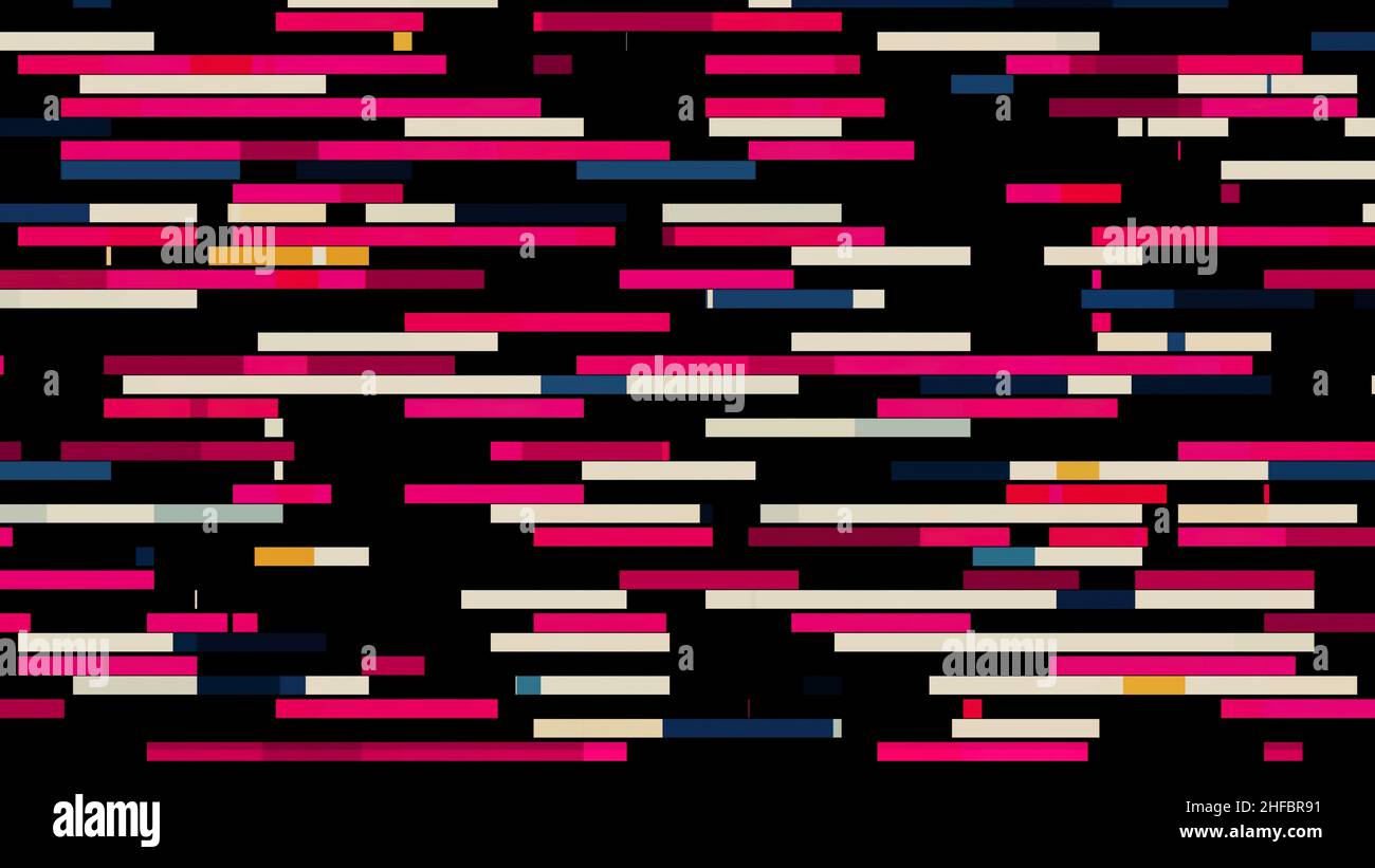 Abstract horizontal parallel rows of short lines moving into the different directions on black ...