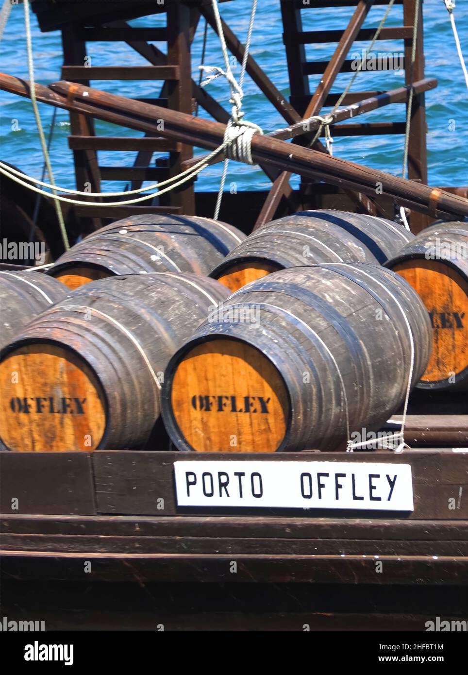 Offley port wine barrels on a boat in Porto in Portugal Stock Photo - Alamy