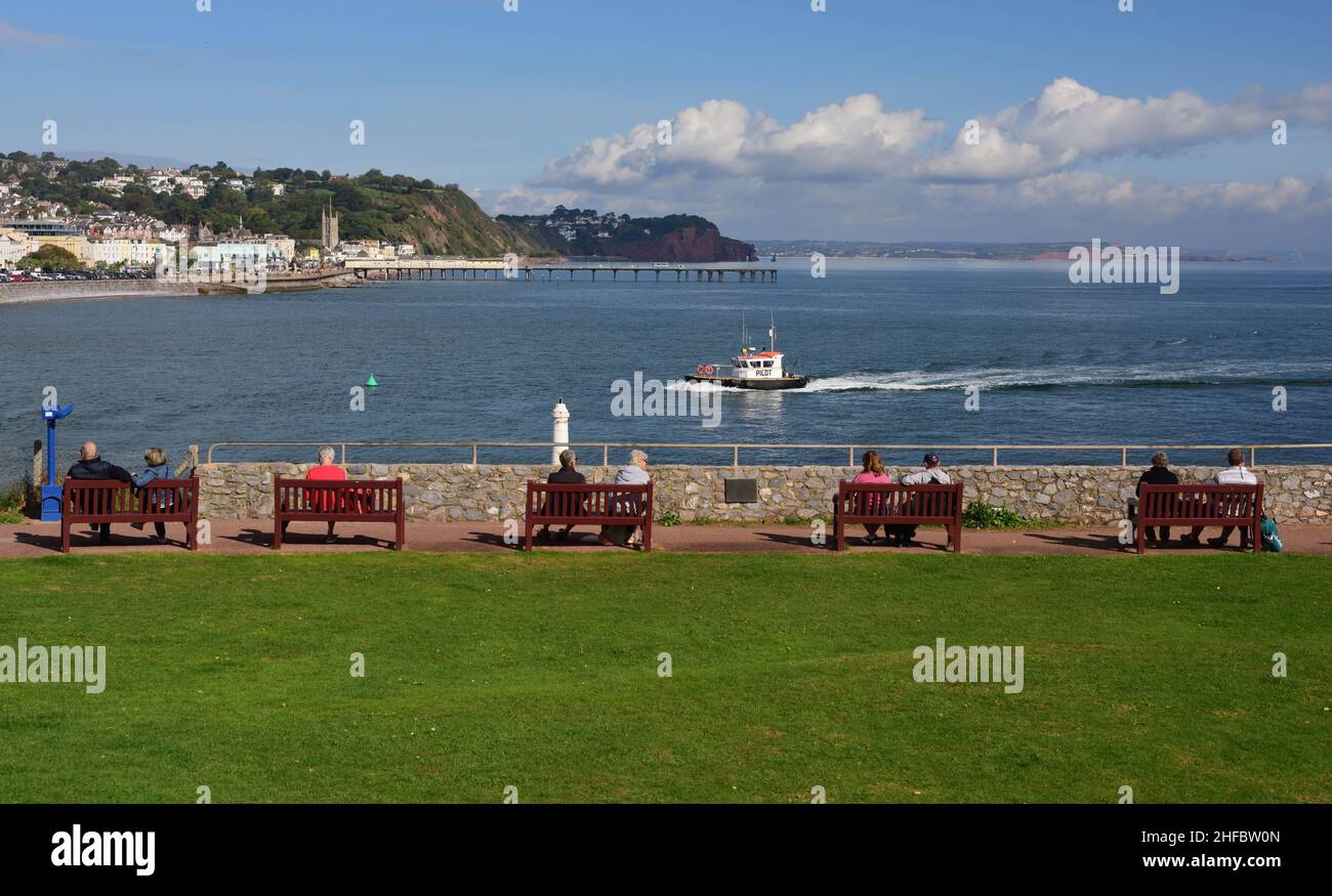 People enjoying the sea view from Shaldon, South Devon, looking towards ...