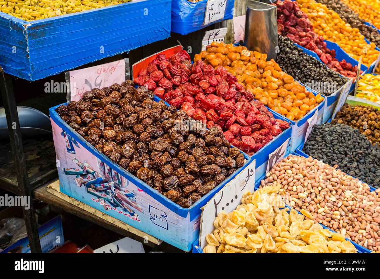 Variety of dried fruits for sale in the Grand Bazaar in Tehran, Iran ...
