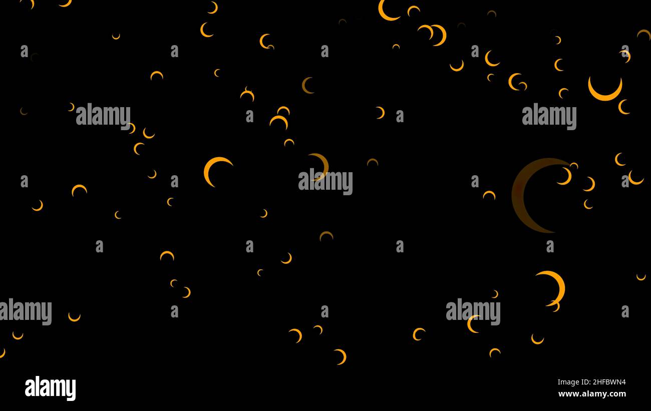 Abstract animation of many golden, crescent moons falling on black ...