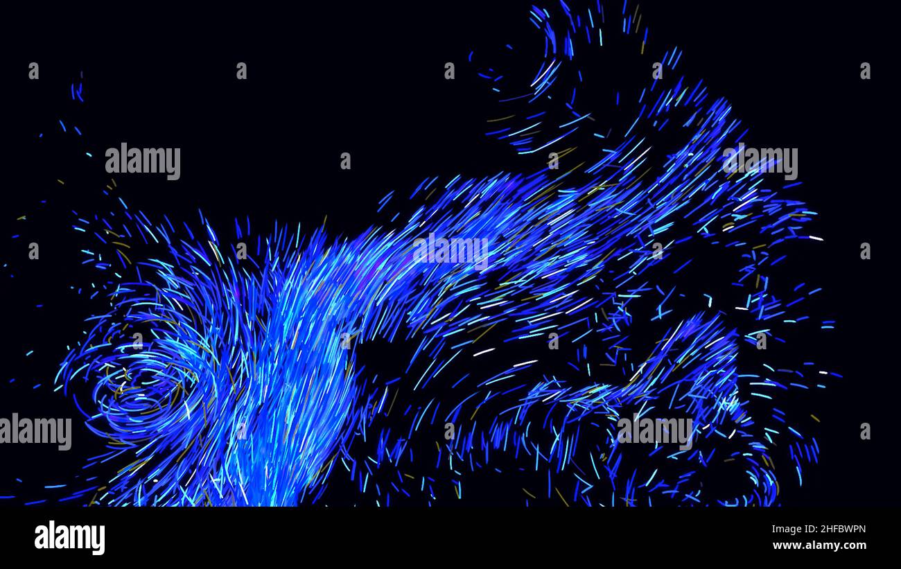 Abstract colorful gentle flow of bended narrow lines over the black ...