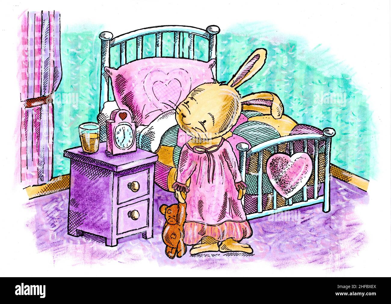 Children's illustration of a young bunny rabbit in her nightgown ...