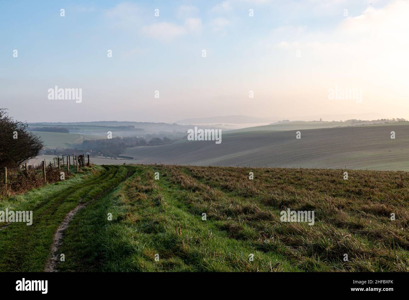 A misty South Downs view on a January morning Stock Photo - Alamy