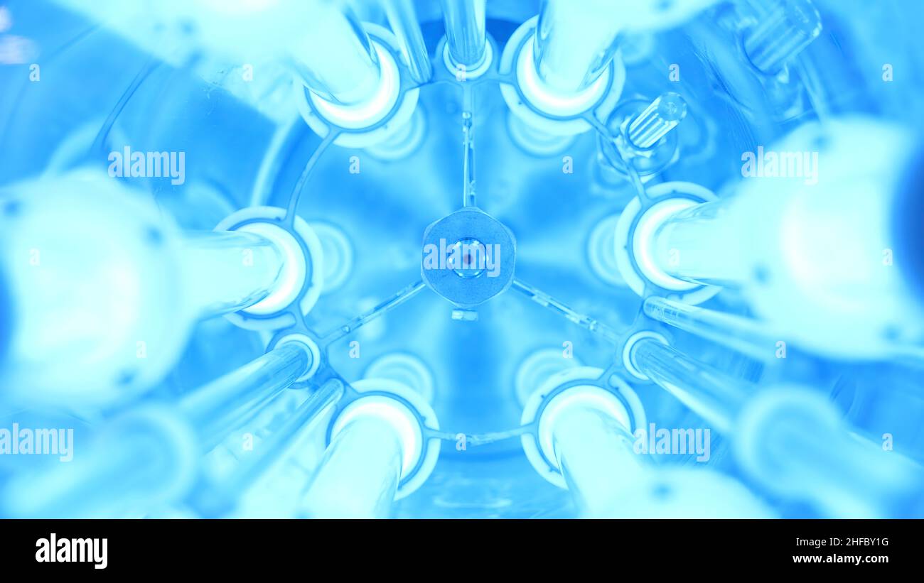 View inside of new modern water purification mechanism with LED lamps ...