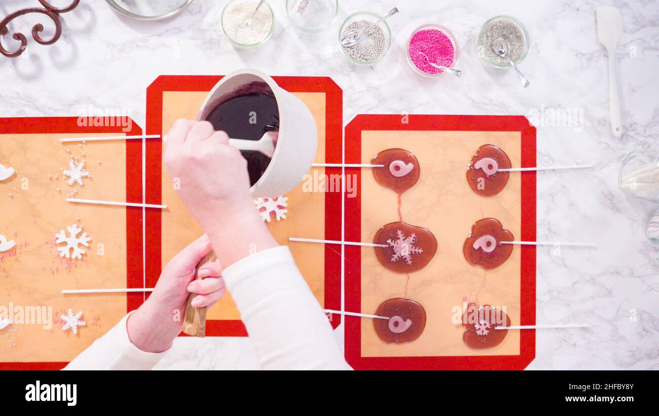 Flat lay. Step by step. Pouring caramelized sugar on a silicone baking ...