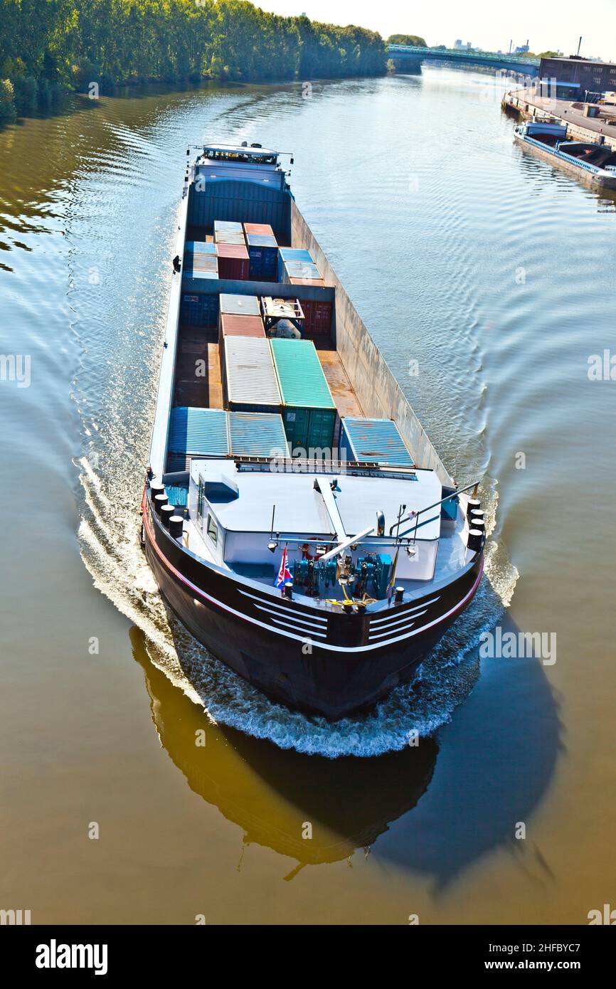 Ship on river main with Container Stock Photo - Alamy