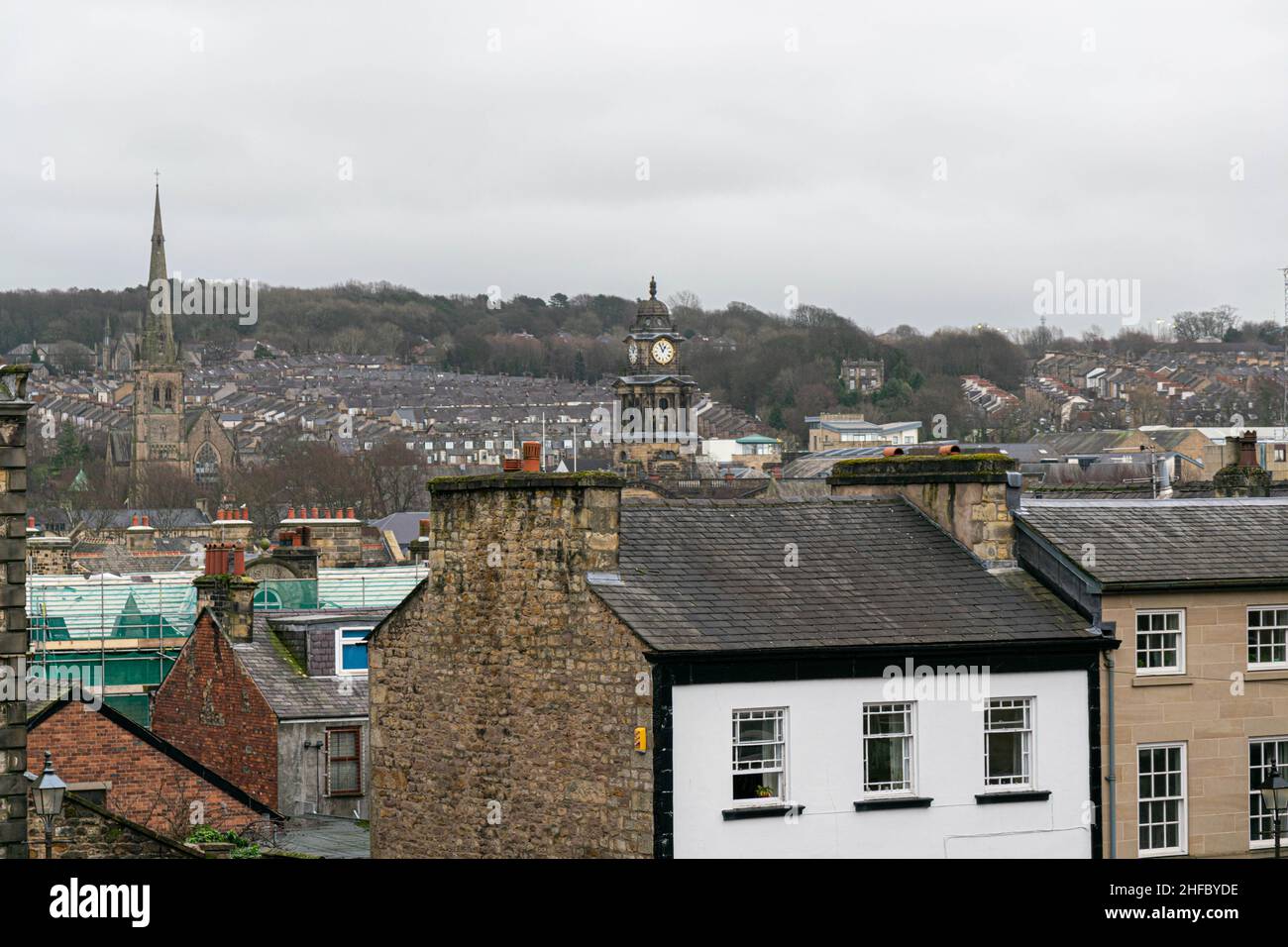 Lancaster, UK - 4th January 2020: Lancaster City centre sky line from a ...