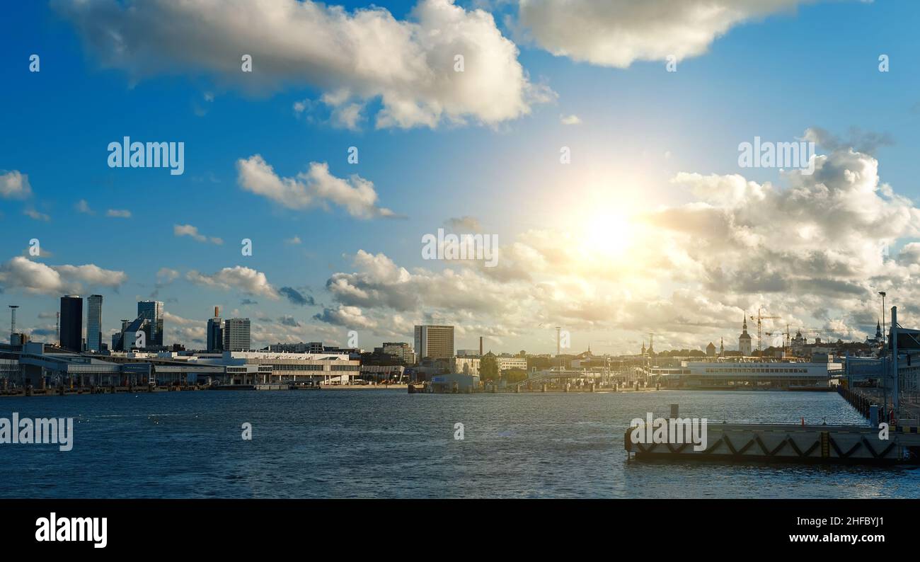 City of Tallinn and seaport terminals. View from the sea Stock Photo ...