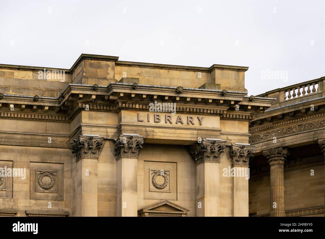 The sign above the door to the Library in the city centre of Liverpool ...
