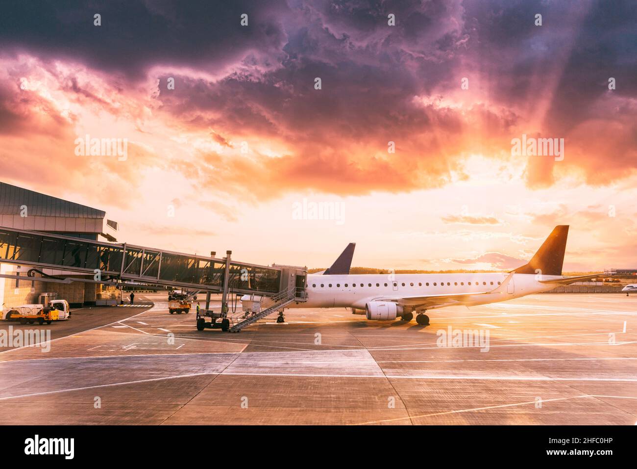 Aircraft Plane Airlines Stand At Airport Terminal In Early Morning ...