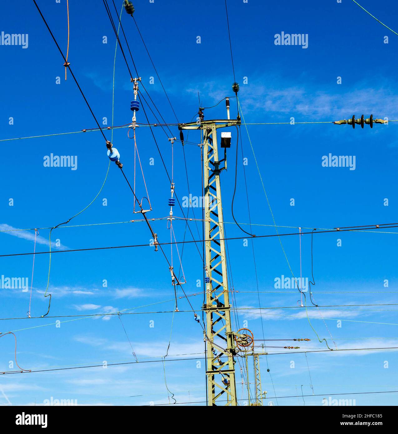 catenary for train with blue sky Stock Photo - Alamy