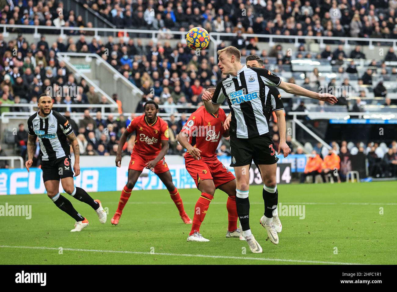 Sean Longstaff #36 of Newcastle United just misses a crossed ball in ...