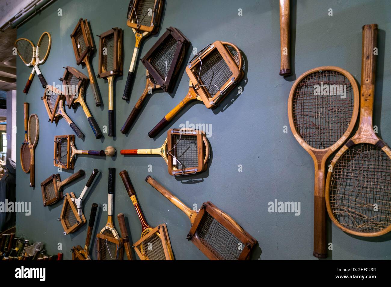 Porto, Portugal - 18 Nov 2020: Old and worn wooden tennis rackets ...
