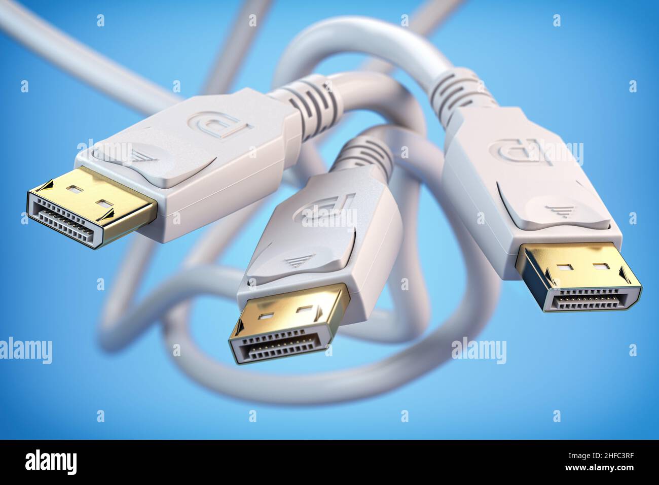 White Display Port DP cable video monitor connectors on blue background ...