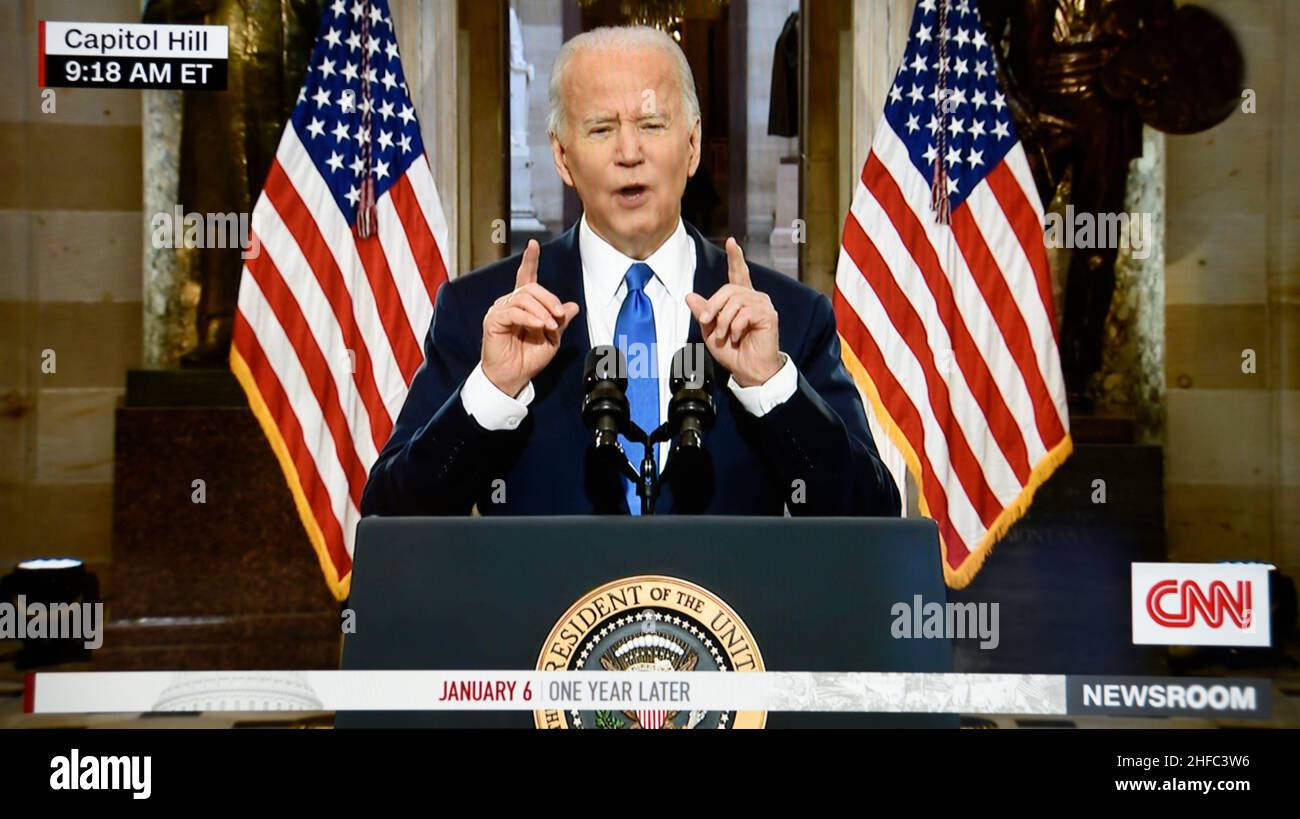 A computer screenshot of CNN broadcast of U.S. President Joe Biden ...