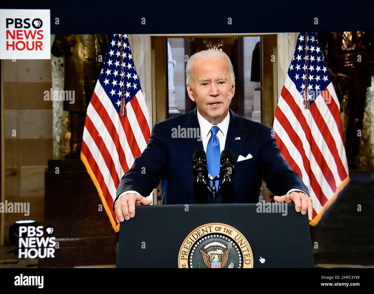 A computer screenshot of a PBS broadcast of U.S. President Joe Biden ...