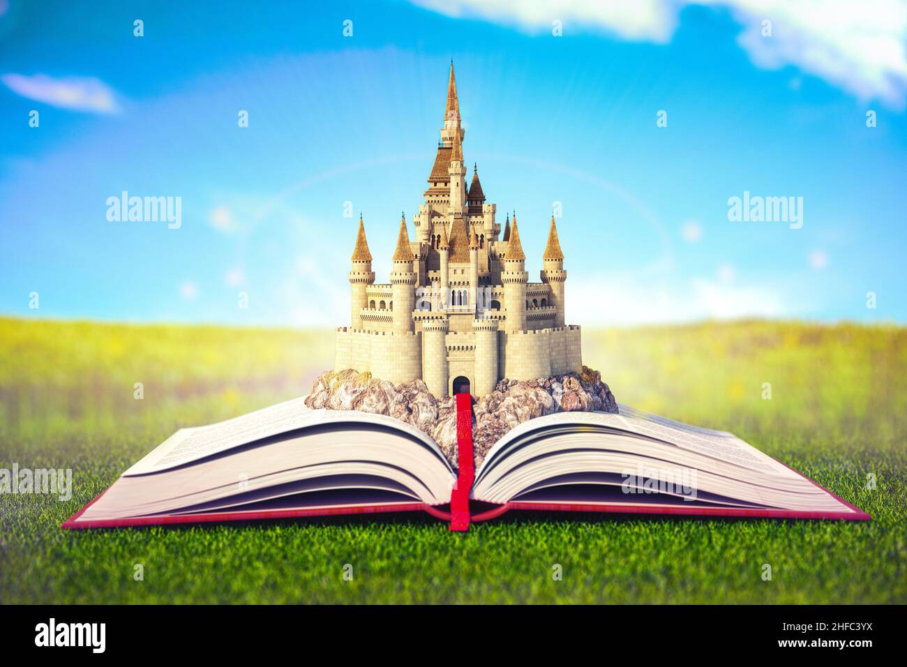 Open story book with fairy tale castle. 3d illustration Stock Photo - Alamy