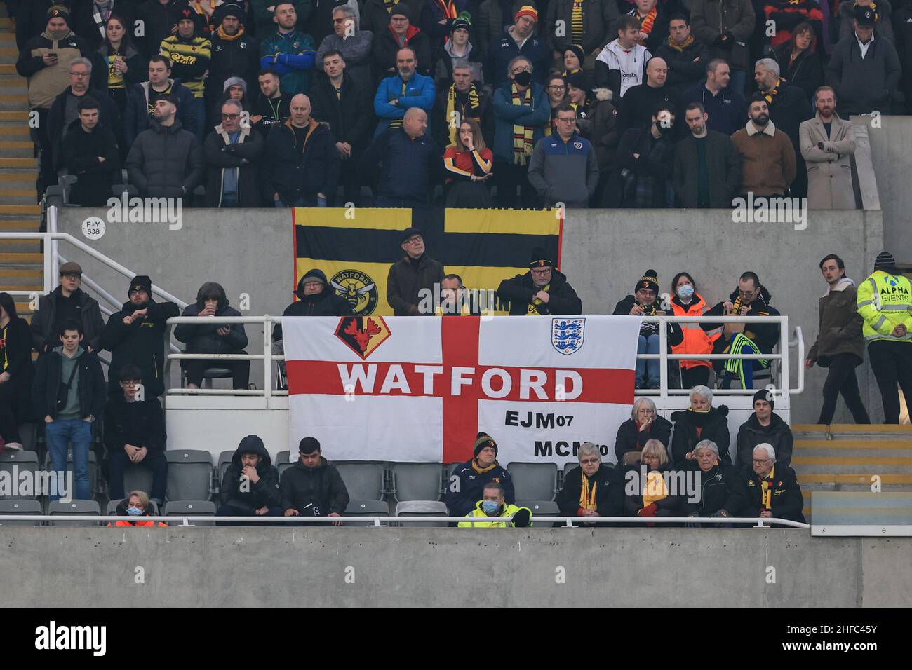 Watford fans high up in the stand at St James’s Park Stock Photo - Alamy