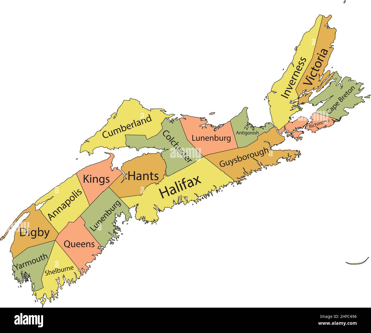 Pastel flat vector administrative map of the Canadian province of NOVA SCOTIA, CANADA with black ...