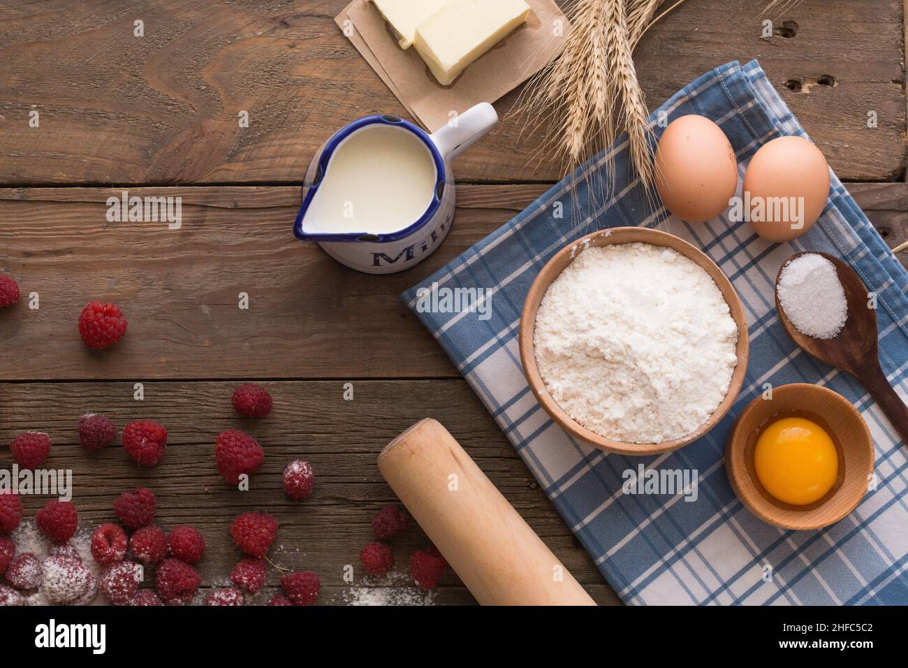 Kitchen background, cooking, Strawberry cherry pie recipe. Eggs, flour ...