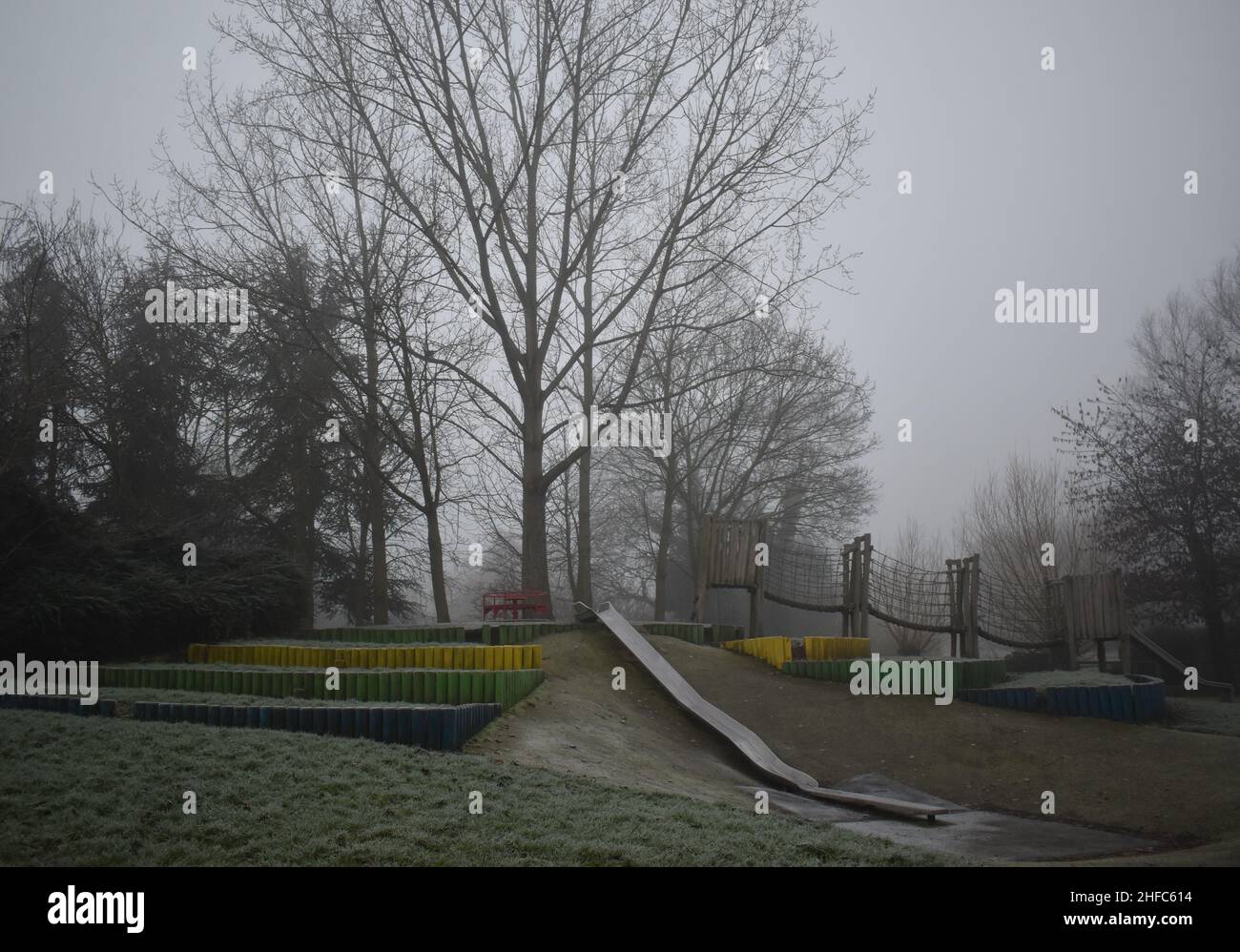 A children's playground on a foggy, frosty day Stock Photo - Alamy