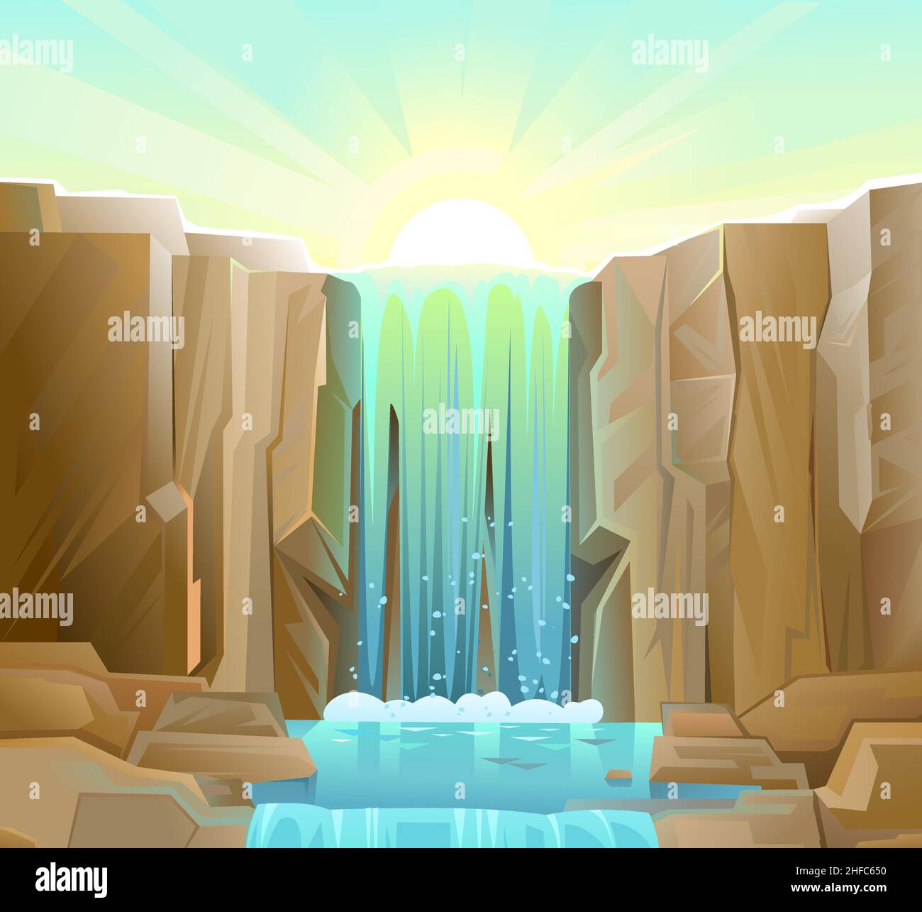 Waterfall among rocks. Beautiful sunny landscape. Cascade shimmers ...