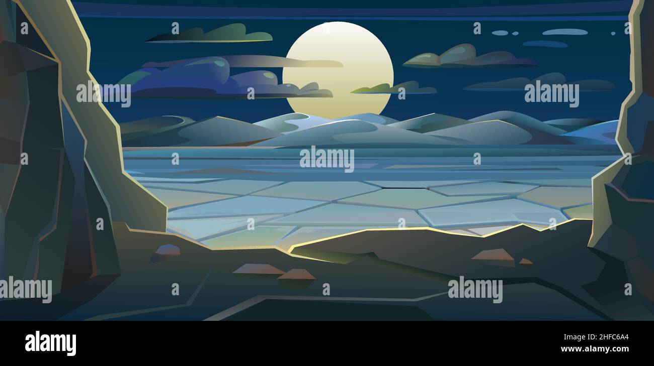 Desert sand. Dark night with big bright moon. Drought cracked desert ...