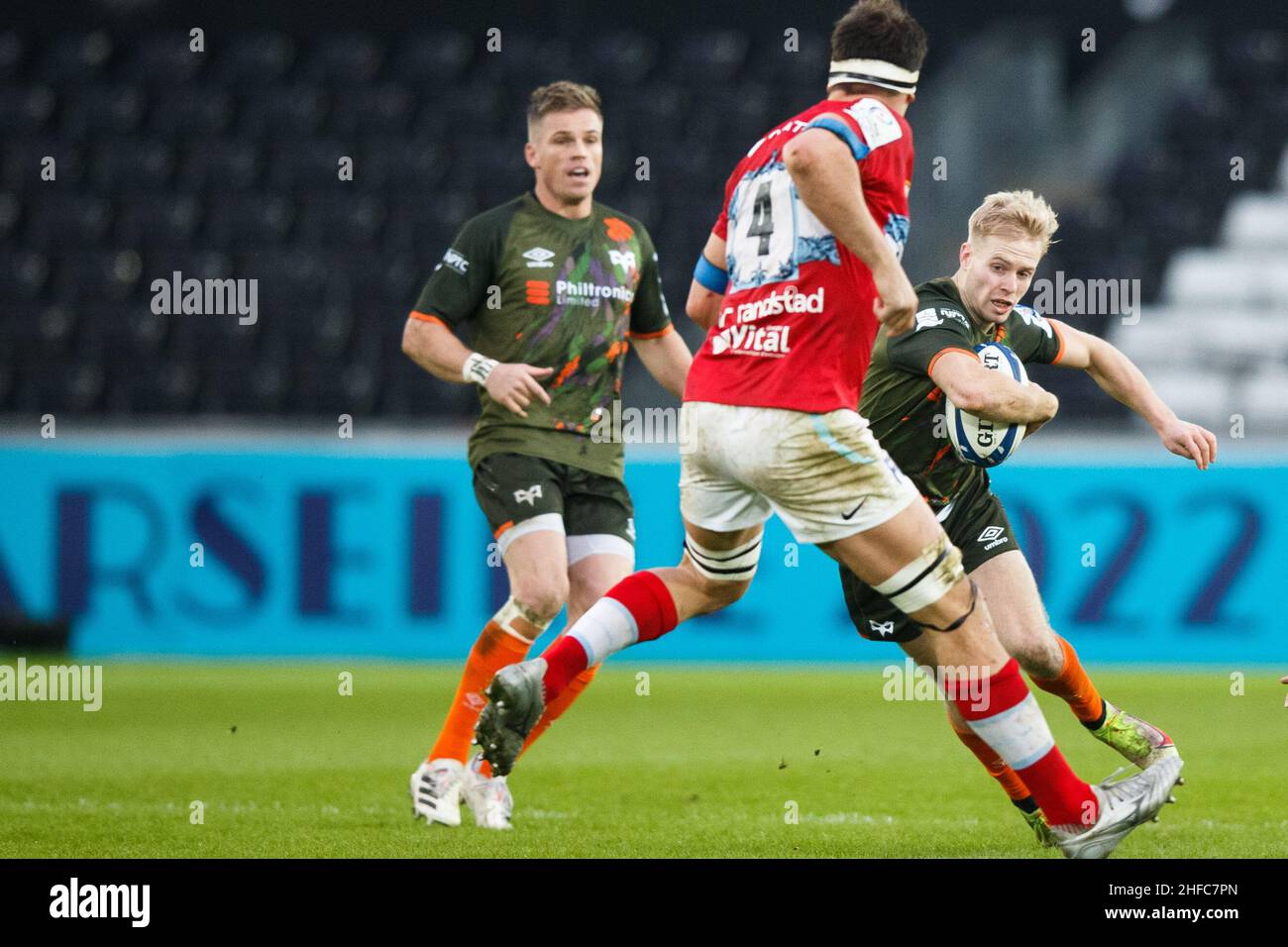 Swansea, UK. 15 January, 2022. Ospreys fullback Mat Protheroe on the ...