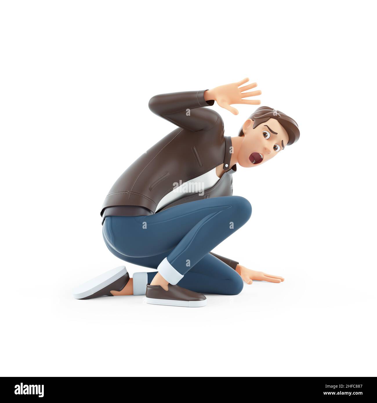 3d scared cartoon man sitting on the floor, illustration isolated on ...