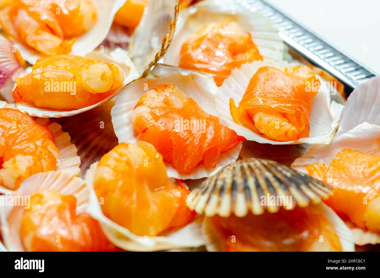 Warm water prawns wrapped in Scottish salmon cured with sea salt and ...