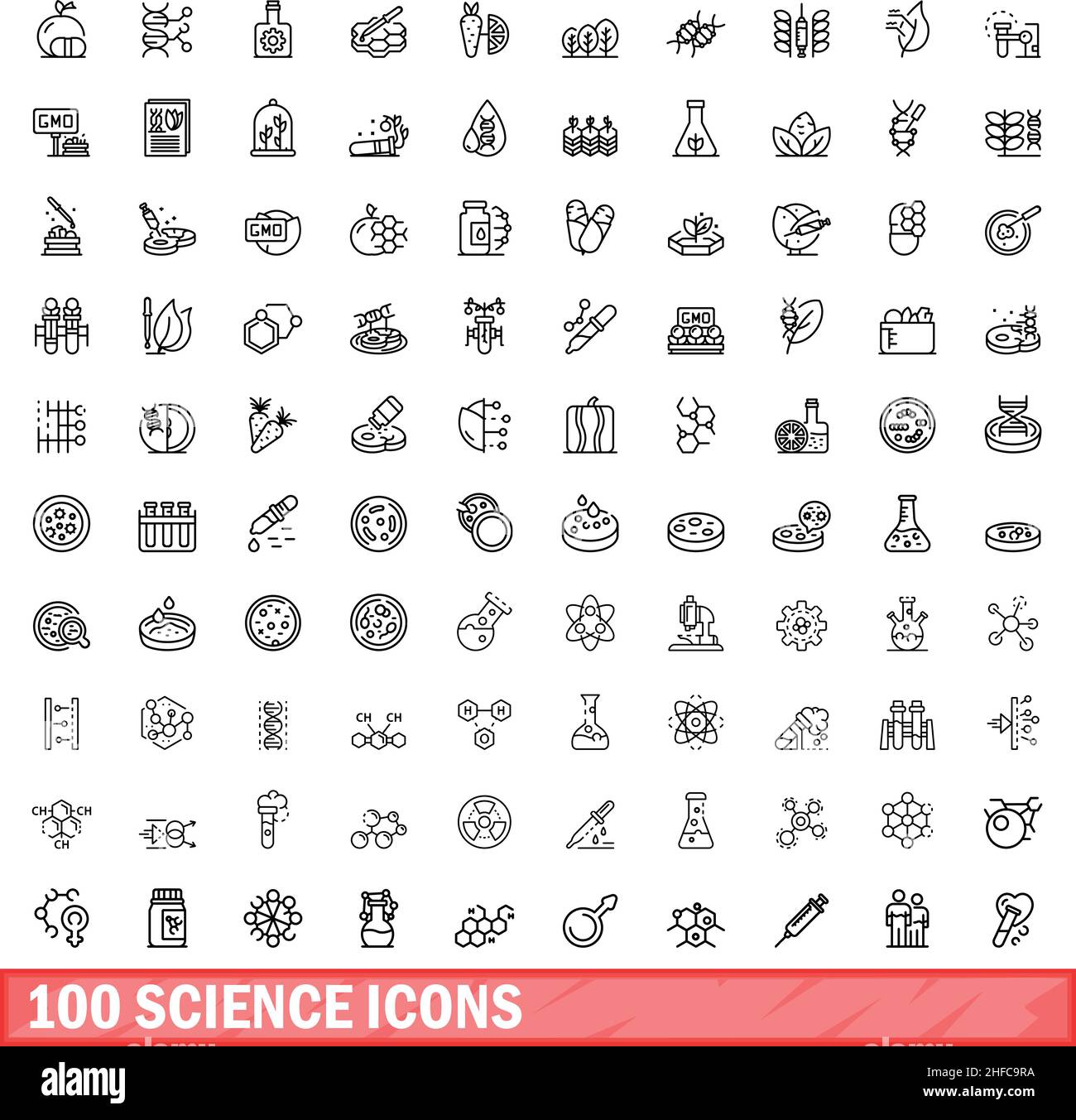 100 science icons set. Outline illustration of 100 science icons vector ...