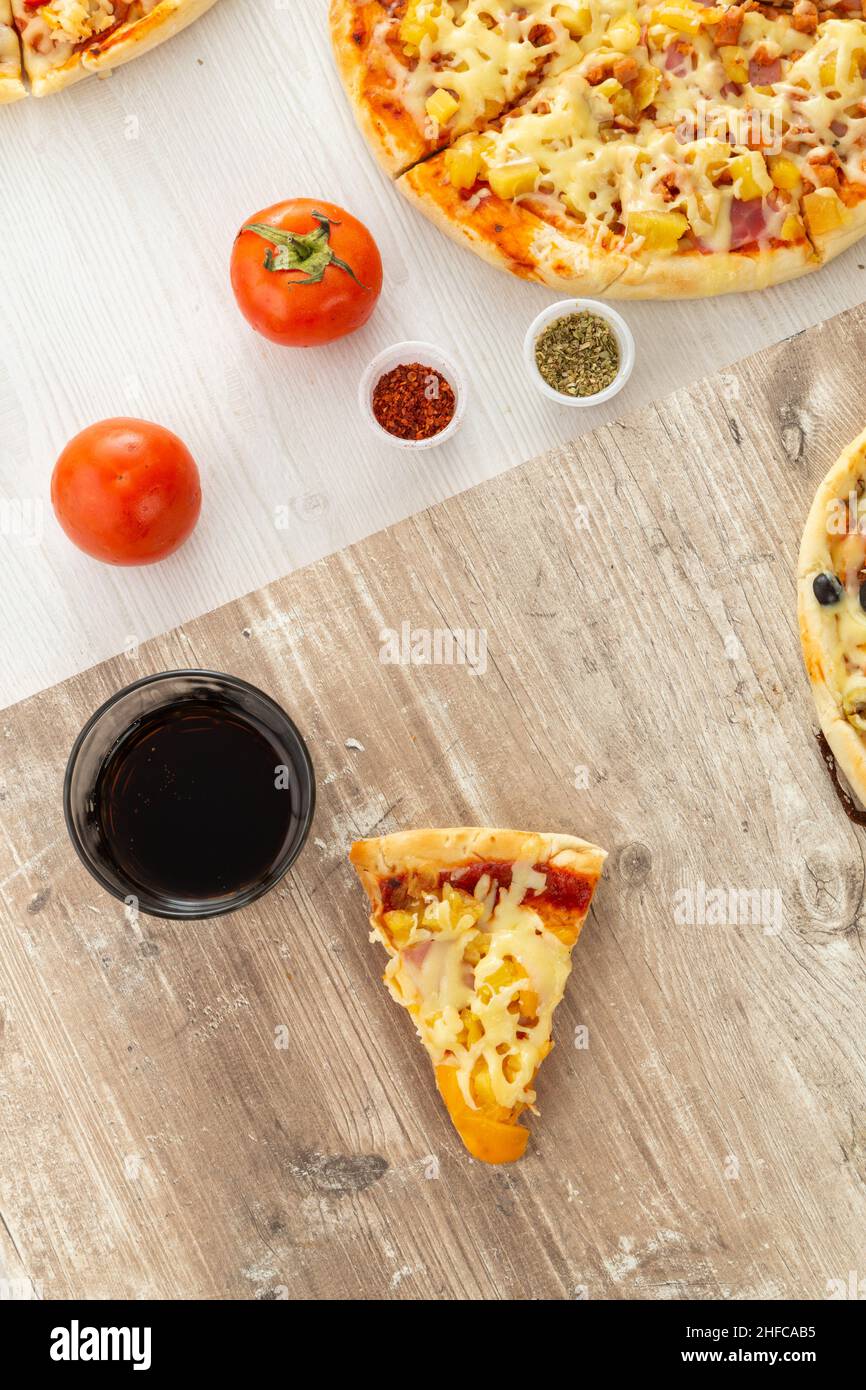 elevated perspective, details wooden table with fast food ready and ...