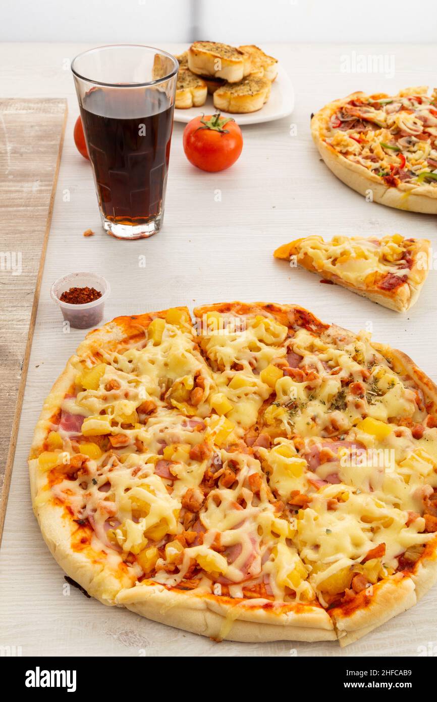 detail of wooden table with delicious fast food ready and served ...