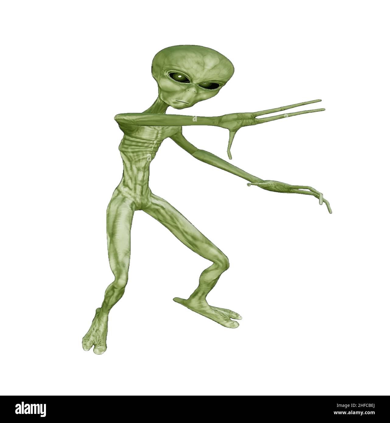 A depiction of a green alien monster with large dark eyes set on a ...