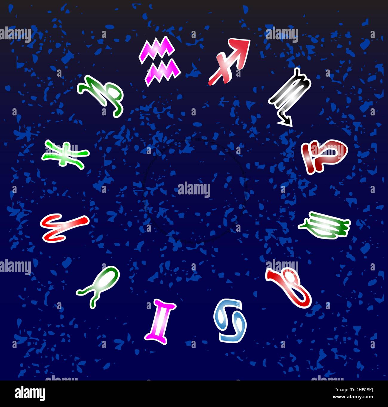 The 12 signs of the zodiac set against a blue abstract spotted Stock ...