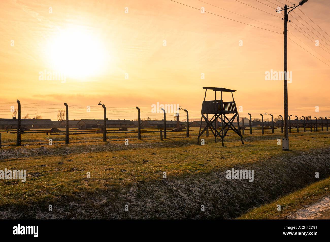AUSCHWITZ BIRKENAU. POLAND, 9 JANUARY 2022: Guard tower in the ...