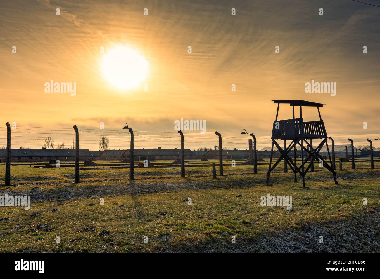 AUSCHWITZ BIRKENAU. POLAND, 9 JANUARY 2022: Guard tower in the ...